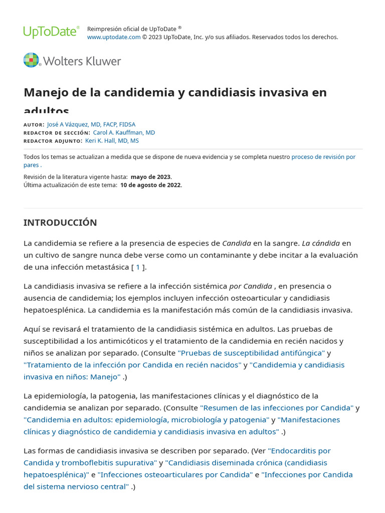 Manejo de Candidemia y Candidiasis Invasiva en Adultos - UpToDate | PDF | Candidiasis | Septicemia