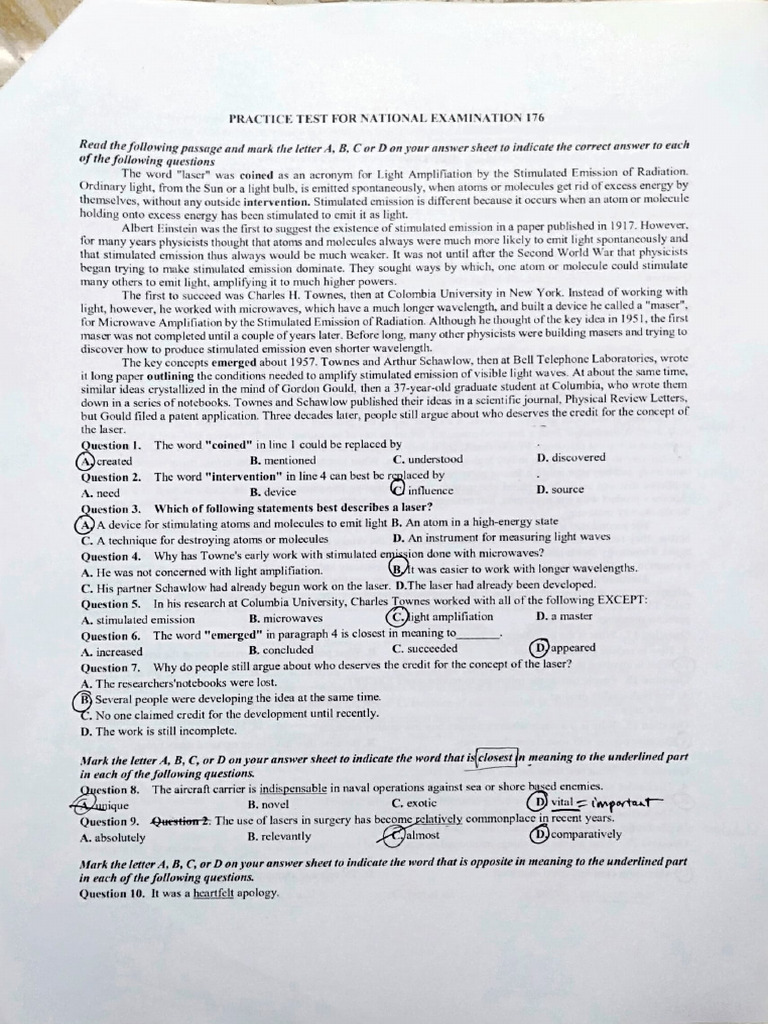 Practice Test For National Examination 176 (Scanned) | PDF | Emission ...