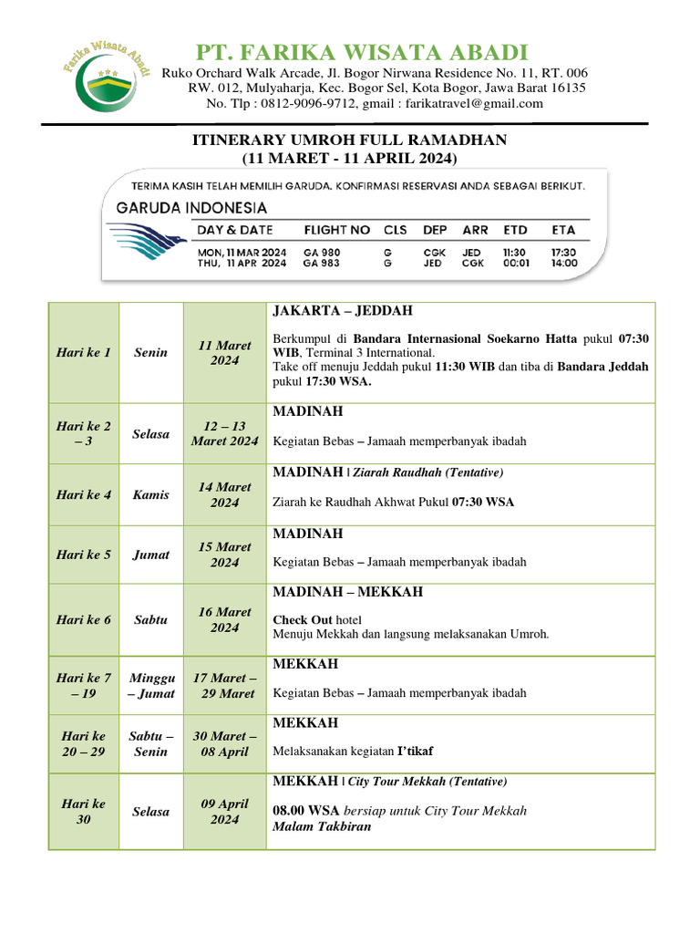 Itinerary Umroh Ramadhan 2024 | PDF