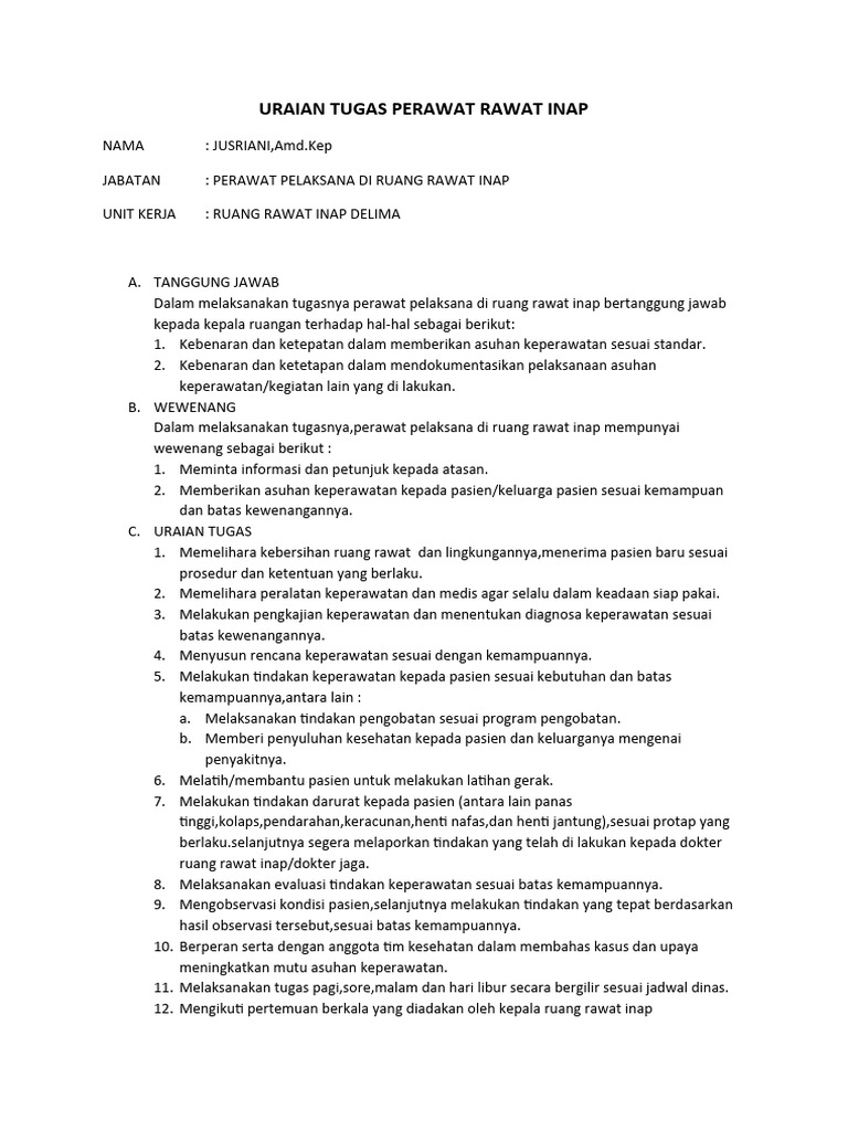 Uraian Tugas Perawat Rawat Inap | PDF