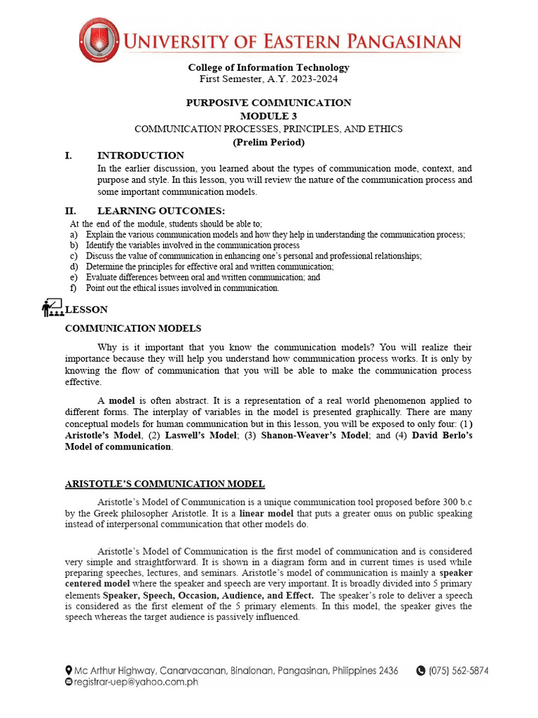 Module 3 Communication Process Principles and Ethics - Purposive Communication 1 | PDF ...