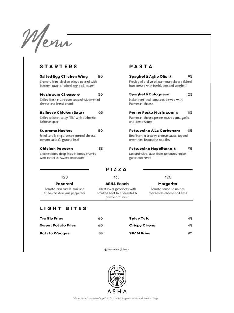 ASHA_Menu | PDF | Tomato Sauce | Sauce