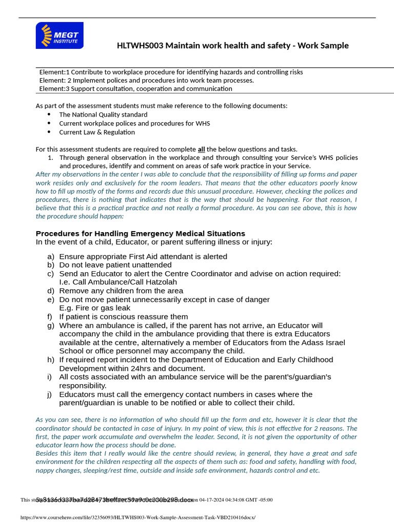 HLTWHS003 Work Sample Assessment Task VBD210416 | PDF | Risk ...