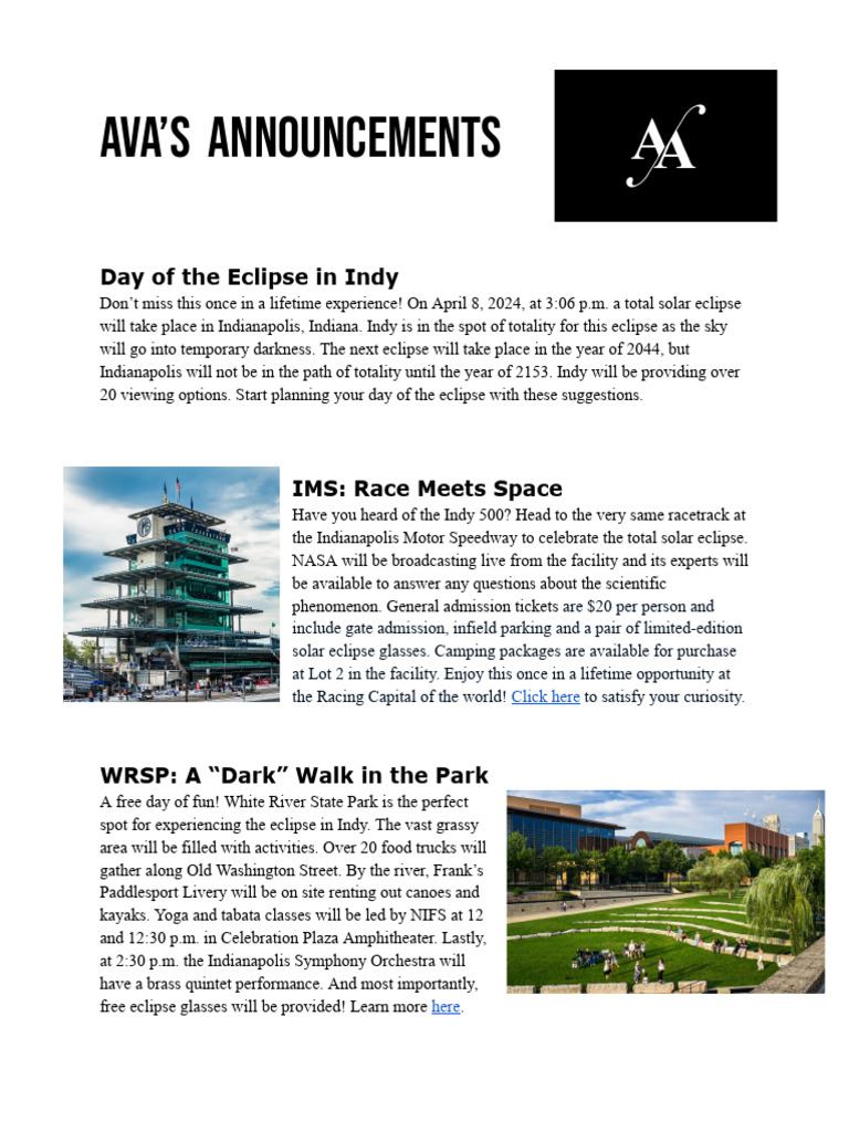 Total Solar Eclipse Events in Indy 2024 | PDF | Indianapolis Motor Speedway