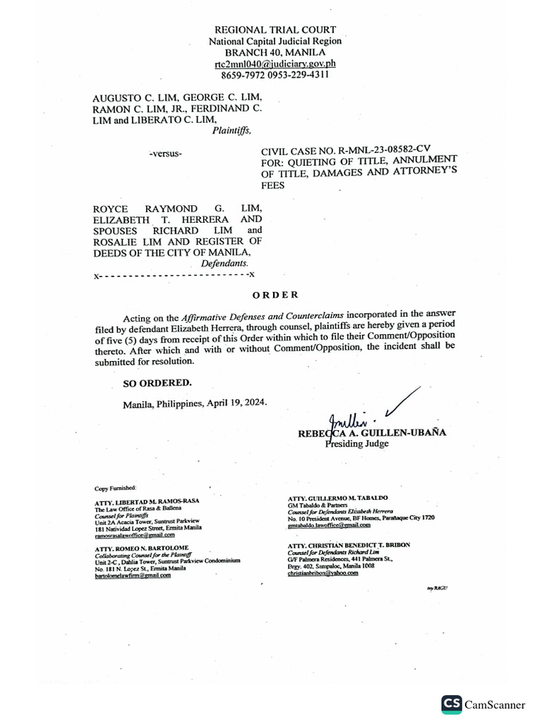 Augusto Lim Et. Al vs. Royce Raymond Lim Et. Al Order 4-19-24 | PDF