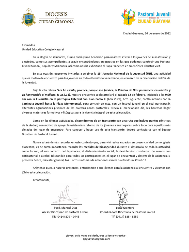 Carta de Invitación Colegios y Universidad - JNJ 2022 | PDF | Papa ...