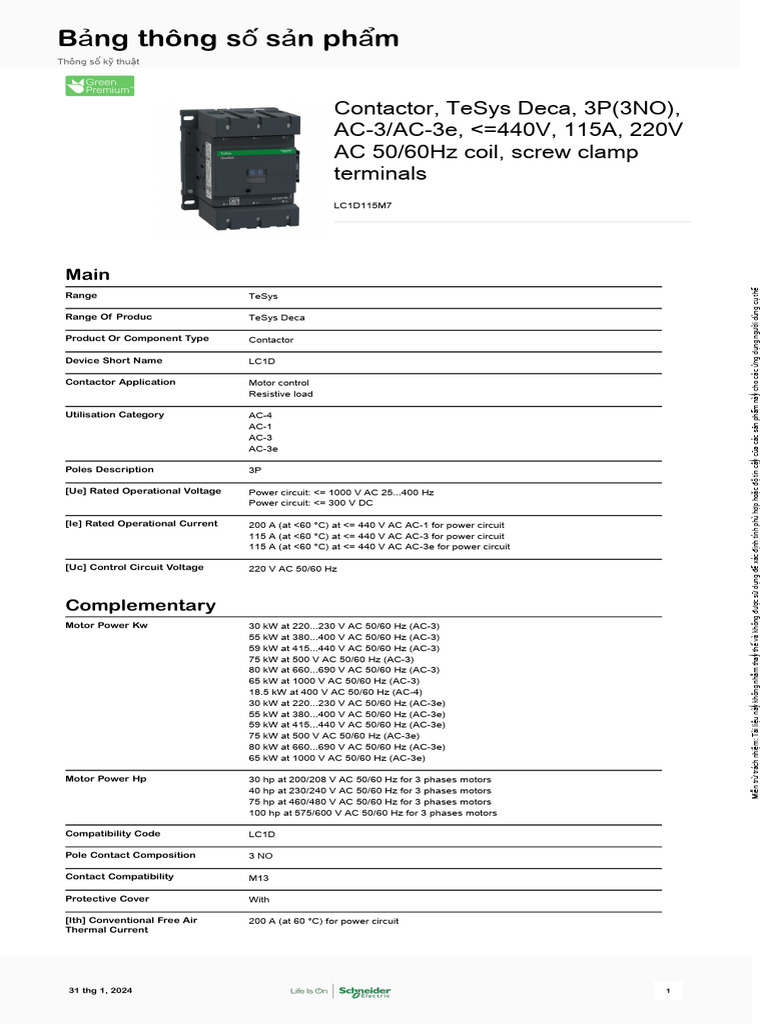 Schneider Electric TeSys-Deca-contactors LC1D115M7 | PDF
