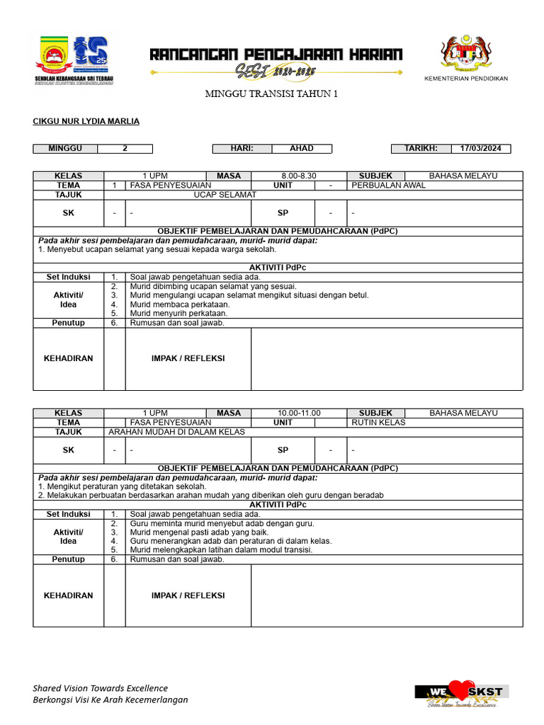 Contoh RPH Minggu Transisi Tahun 1 | PDF