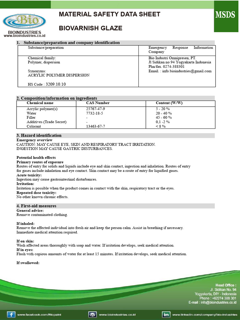 MSDS Biovarnish Glaze | Download Free PDF | Toxicity | Firefighting