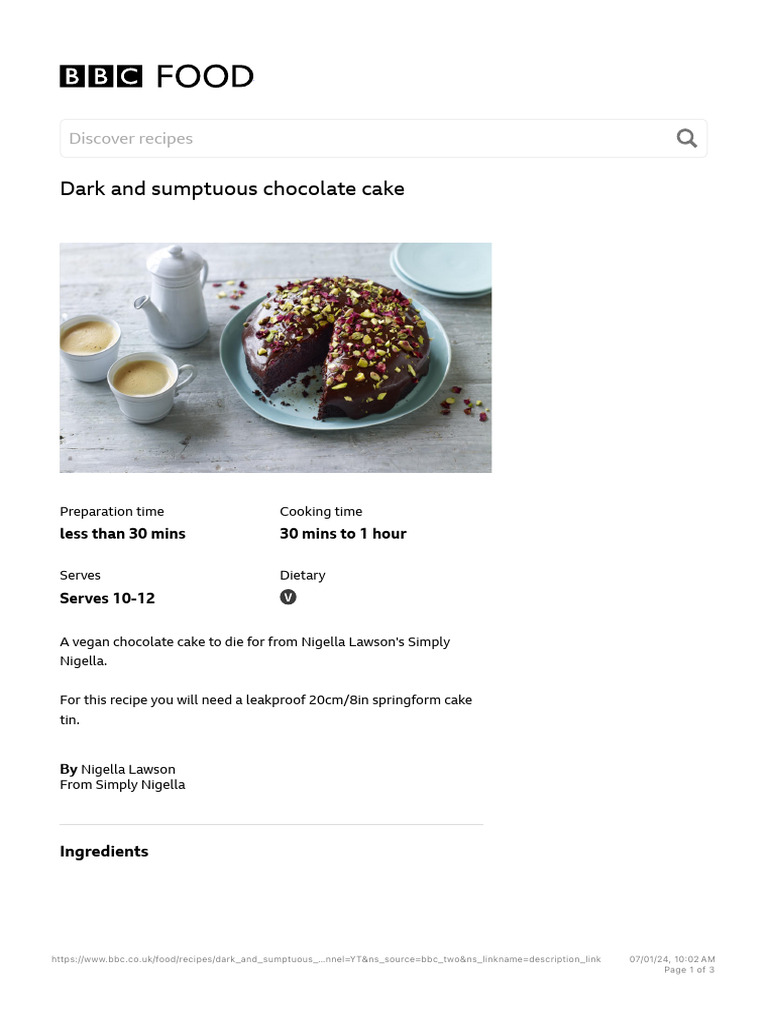 Dark and Sumptuous Chocolate Cake Recipe - BBC Food | PDF | Cakes ...