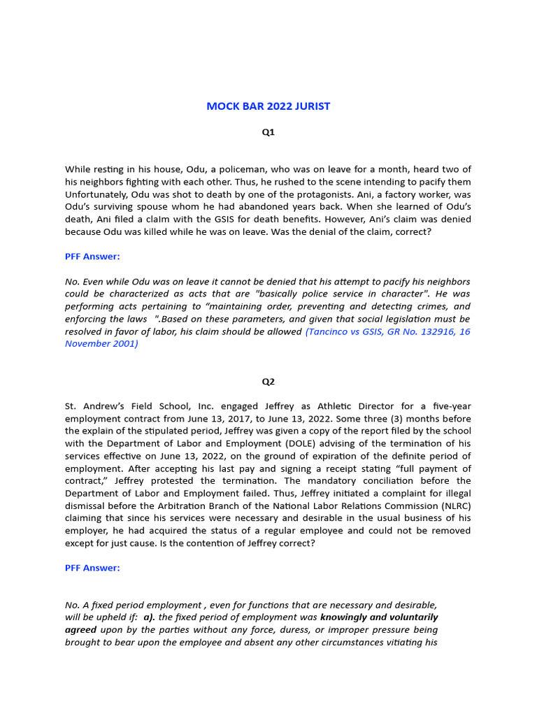 2022 Mock Bar ANS Jurist | PDF | Employment | Foreclosure