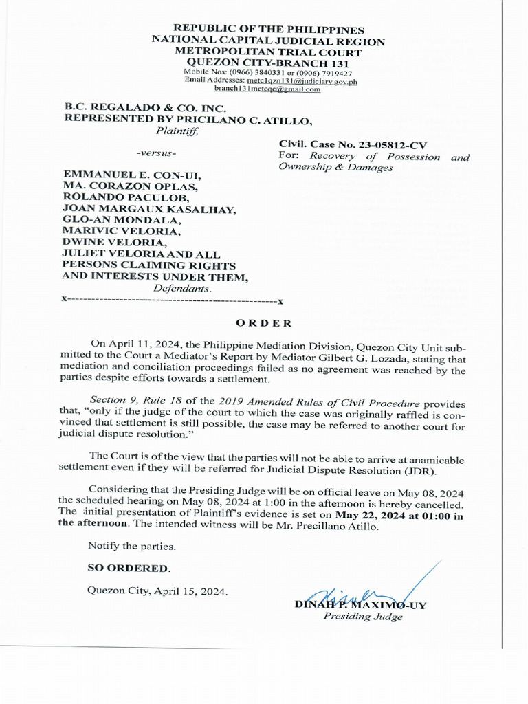 Order Dated April 15, 2024 - B.C. Regalado & Co. Inc. Vs Emmanuel E. Con-Ui - Civil Case No. 23 ...