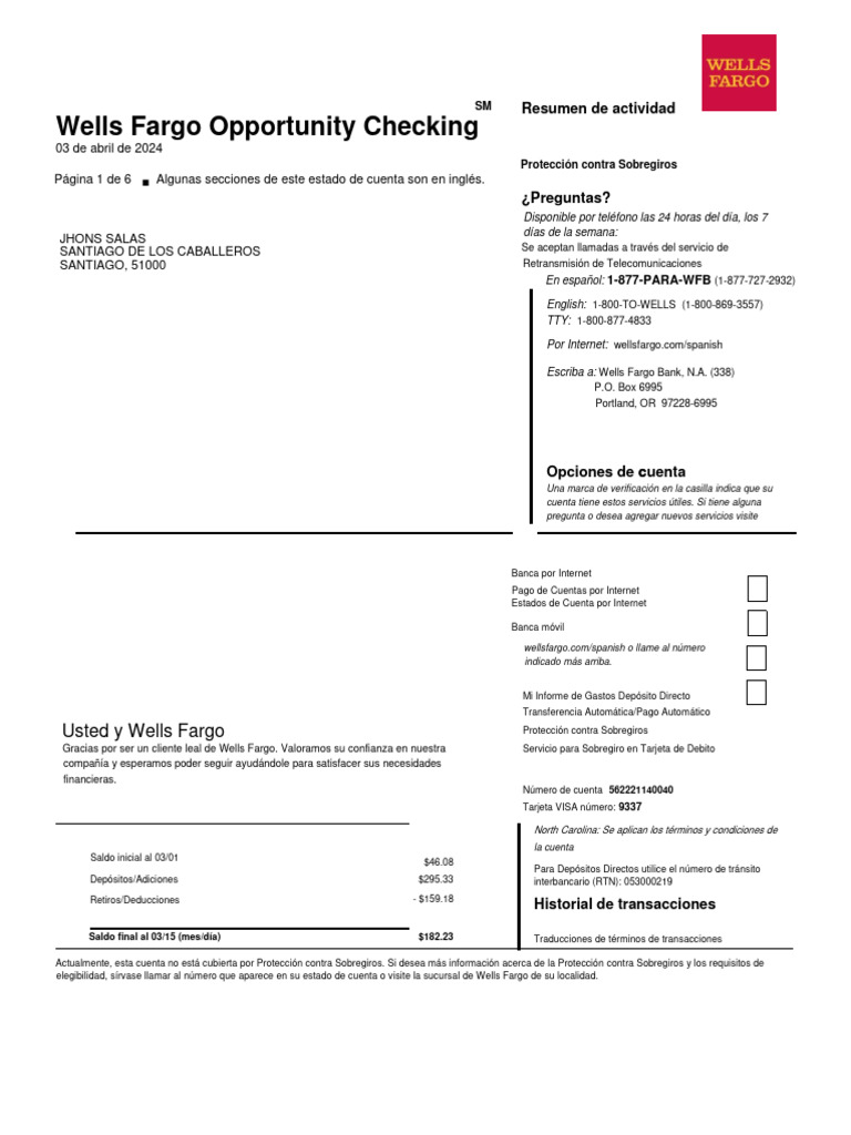 Resumen de Cuenta Wells Fargo | PDF | Servicios financieros | Dinero