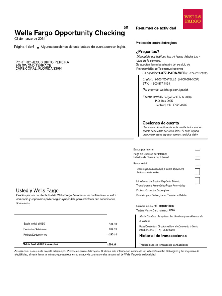 Wells Fargo Account Statement PORFIRIO | PDF | Finanzas personales ...
