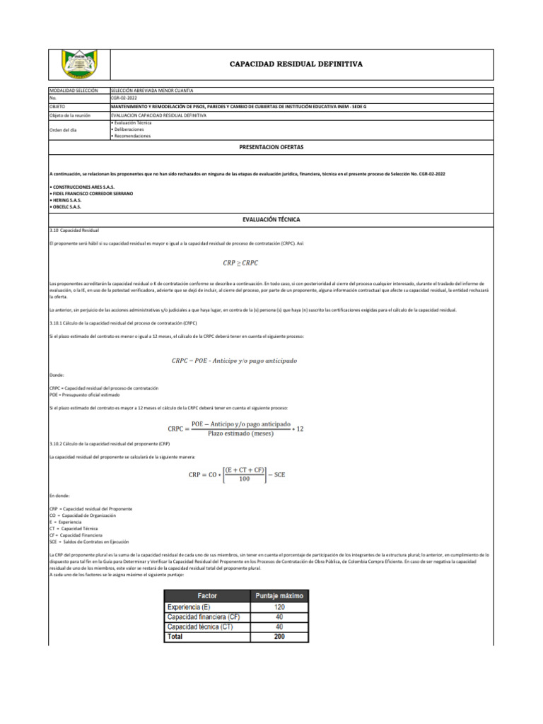 Evaluación Cap. Residual Def CGR-02-2022 | PDF