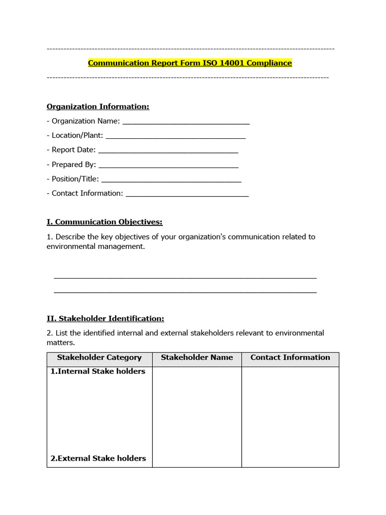 Communication Report Form ISO 14001 Compliance | PDF