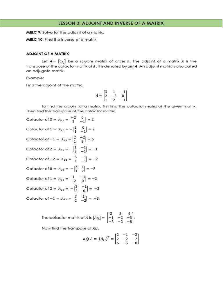 Lesson 3 - Adjoint and Inverse of A Matrix | PDF | Algebra | Mathematical Analysis