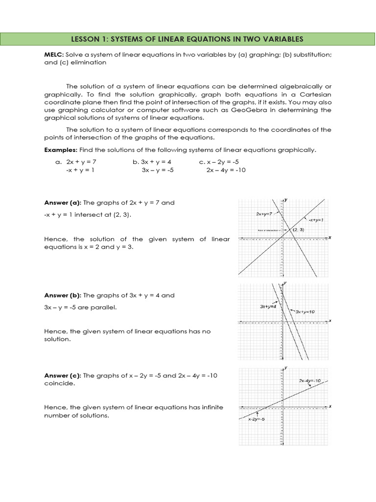 Lesson 1 - Systems of Linear Equations in Two Variables | PDF ...