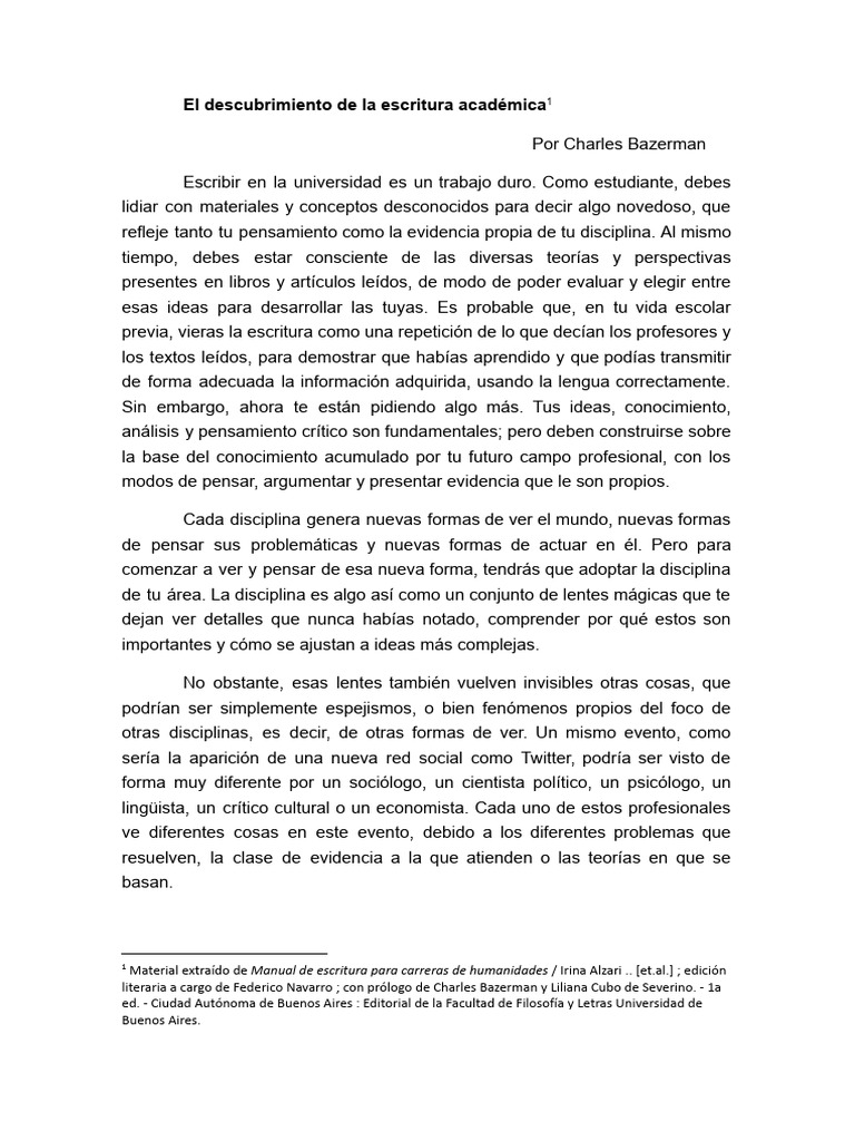 Bazerman. El Descubrimiento de La Escritura Académica | PDF ...