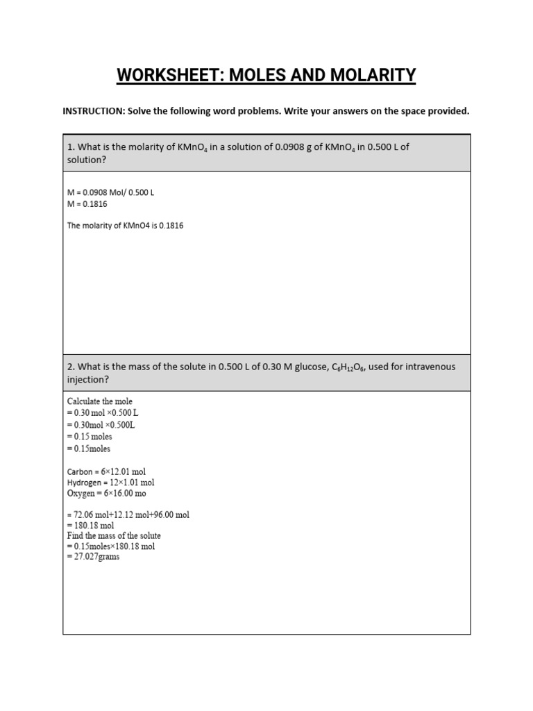 - WORKSHEET- MOLES AND MOLARITY | PDF | Mole (Unit) | Physical Sciences