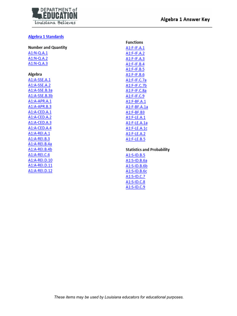 Louisiana Algebra 1 Answer Key Guide | PDF | Percentage | Equations