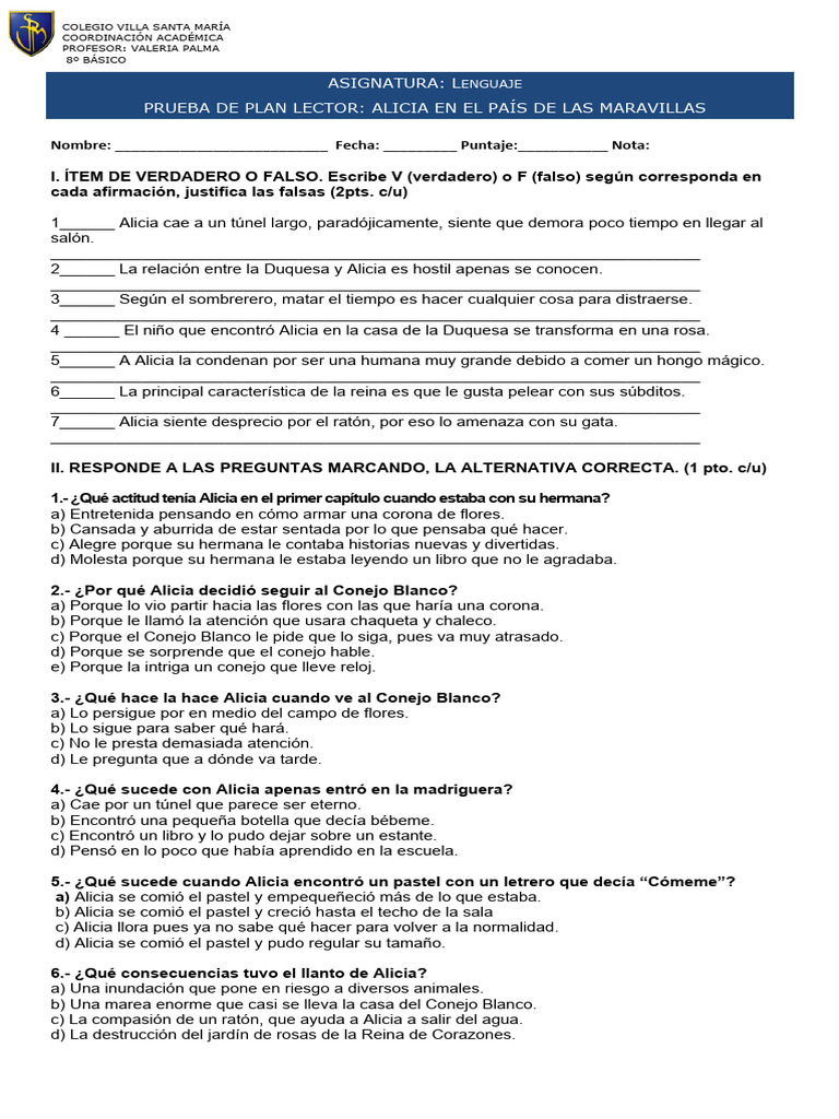 Prueba de "Alicia en el País de las Maravillas" | PDF | Las aventuras ...