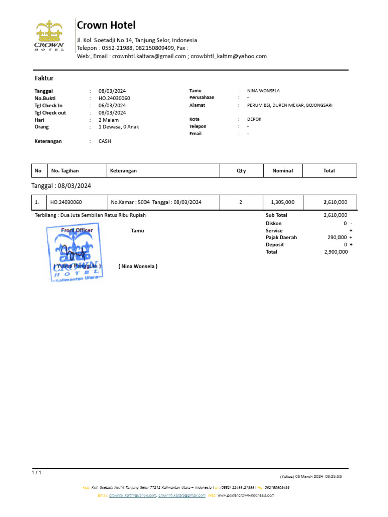 Bill Hotel Crown Kaltara (Nina Wonsela) Rev1 | PDF