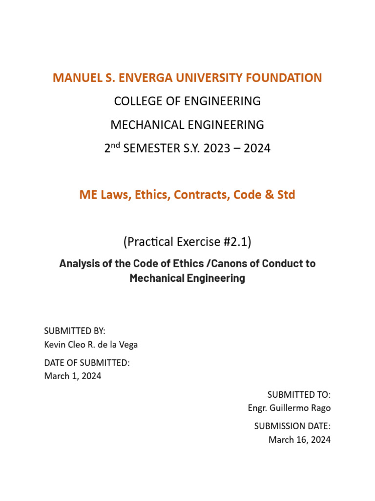 Practical Exercise 2.1 - Analysis of The Code of Ethics or Canons of ...