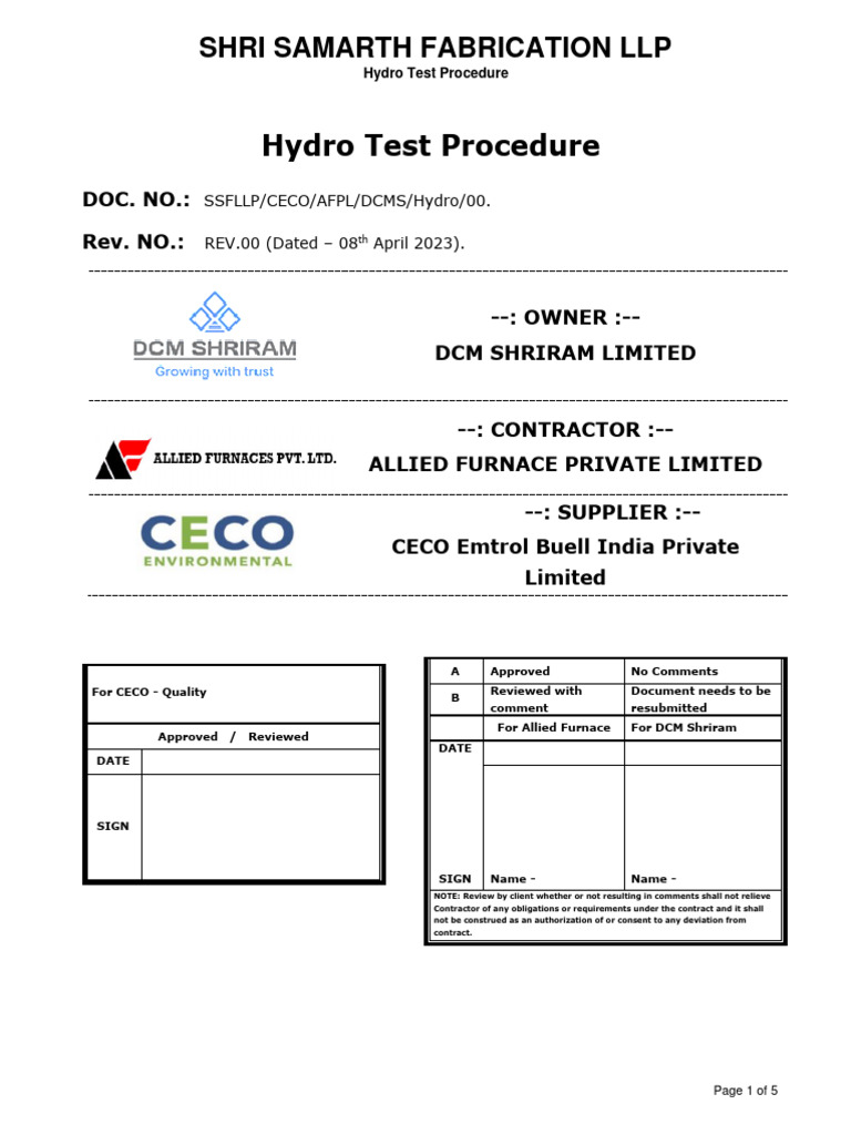 Hydro Test Procedure | PDF | Welding | Construction