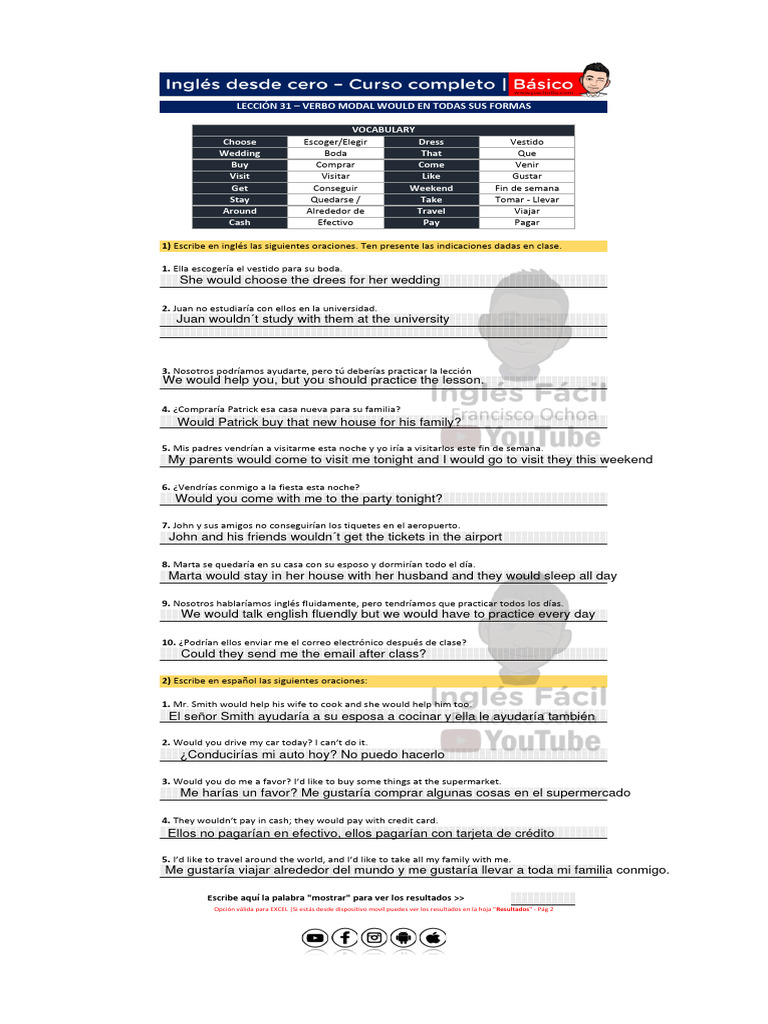 LECCIÓN 31 - VERBO MODAL WOULD EN TODAS SUS FORMAS | PDF LECCIÓN 31 - VERBO MODAL WOULD EN TODAS SUS FORMAS | PDF