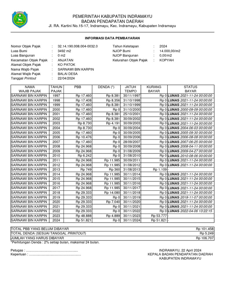 Data - Tagihan - PBB SARNAWI | PDF | Indonesia