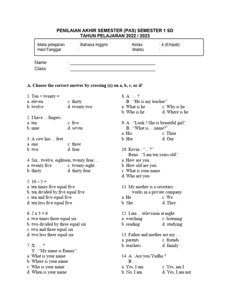 Uas Kelas 4 Semester 1 | PDF