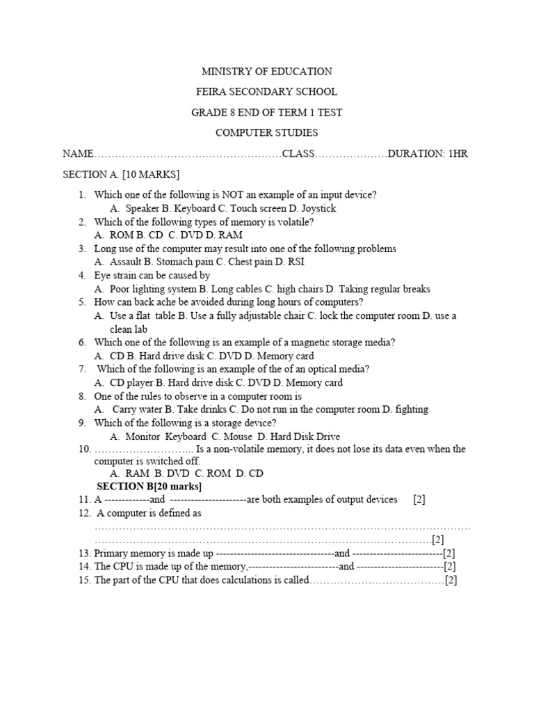 Grade 8 Computer Studies Test 2025 | PDF | Computer Data Storage ...