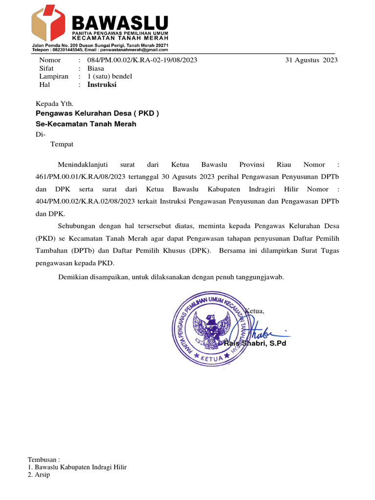 Instruksi Pengawasan DPTB, DPK Dan Surat Tugas PKD | PDF