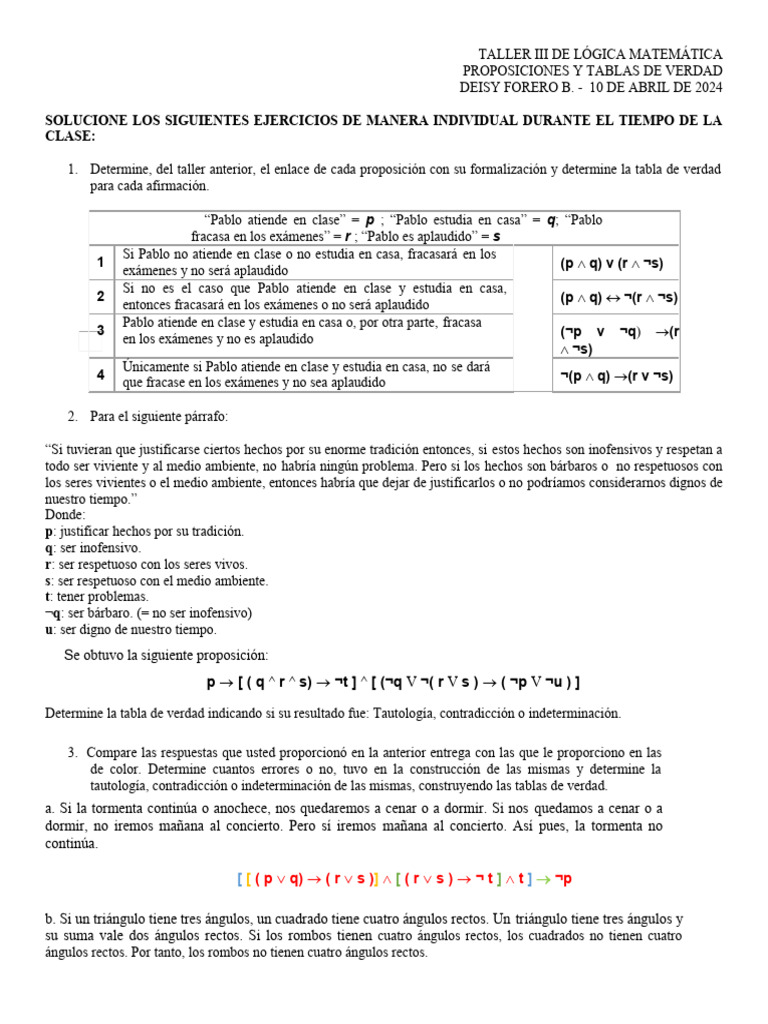 Taller Iii de Lógica Matemática | PDF | Proposición | Lógica