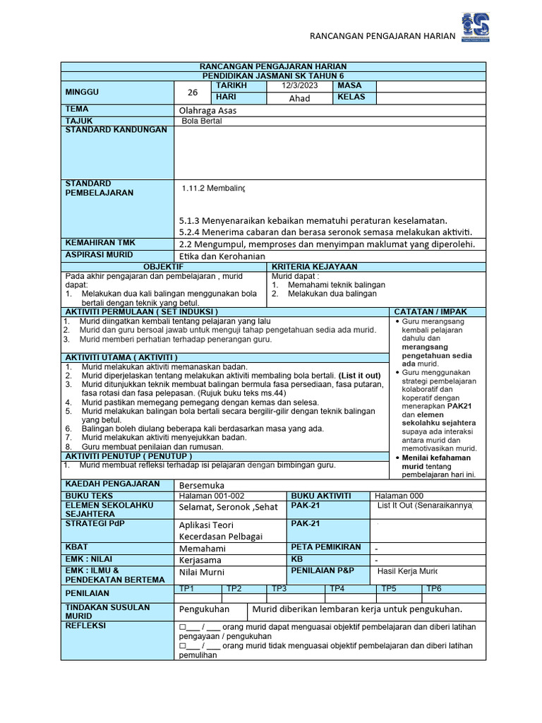 RPH Minggu 26 Pendidikan Jasmani THN 6 2023 by Cikgu Gorgeous | PDF