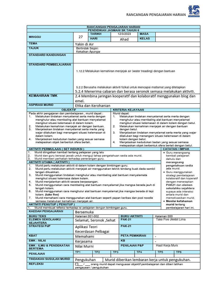 RPH Minggu 27 Pendidikan Jasmani THN 6 2023 by Cikgu Gorgeous | PDF