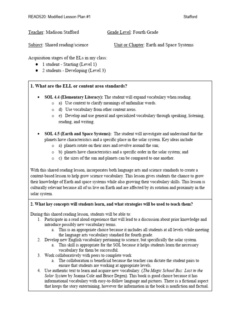 Read 520 - Modified Lesson Plan 1 | PDF | Vocabulary | Planets