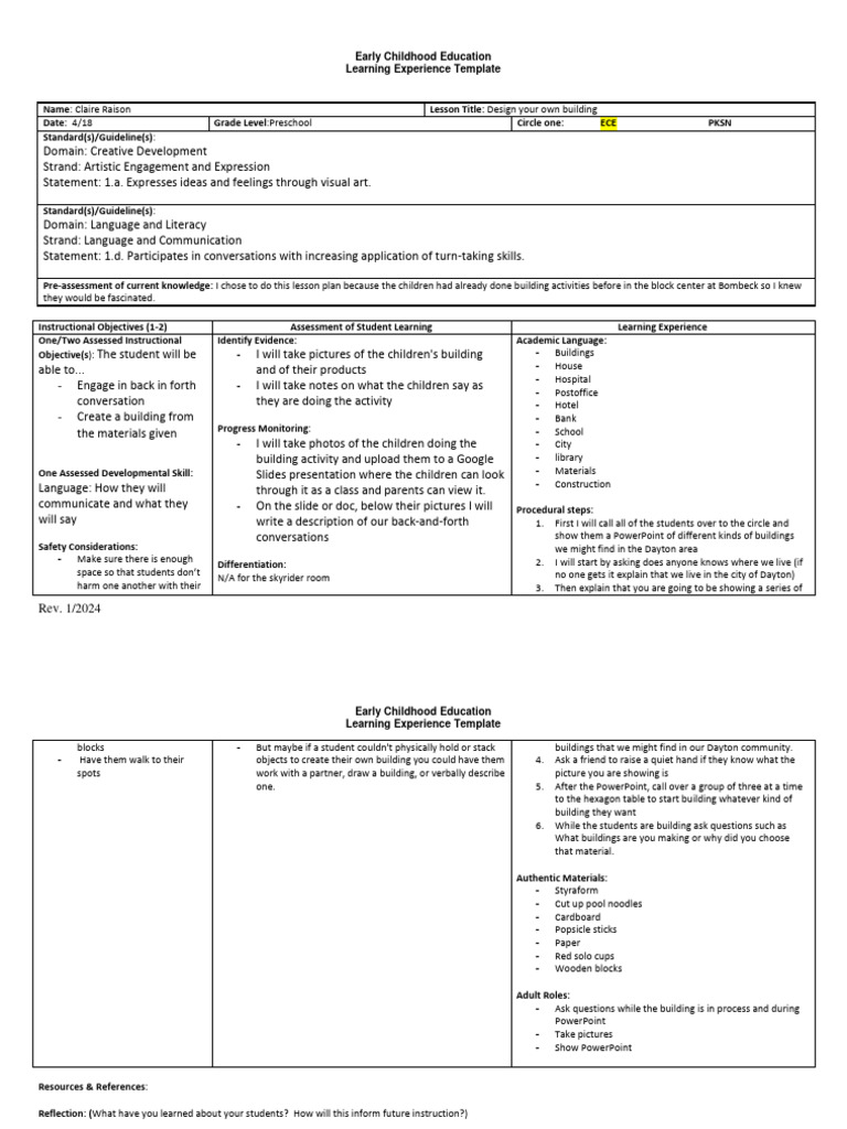 Preschool Building Lesson Plan | PDF | Lesson Plan | Cognitive Science