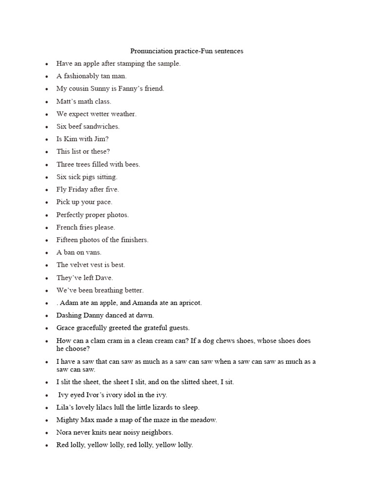 Pronunciation Practice-Fun Sentences | PDF