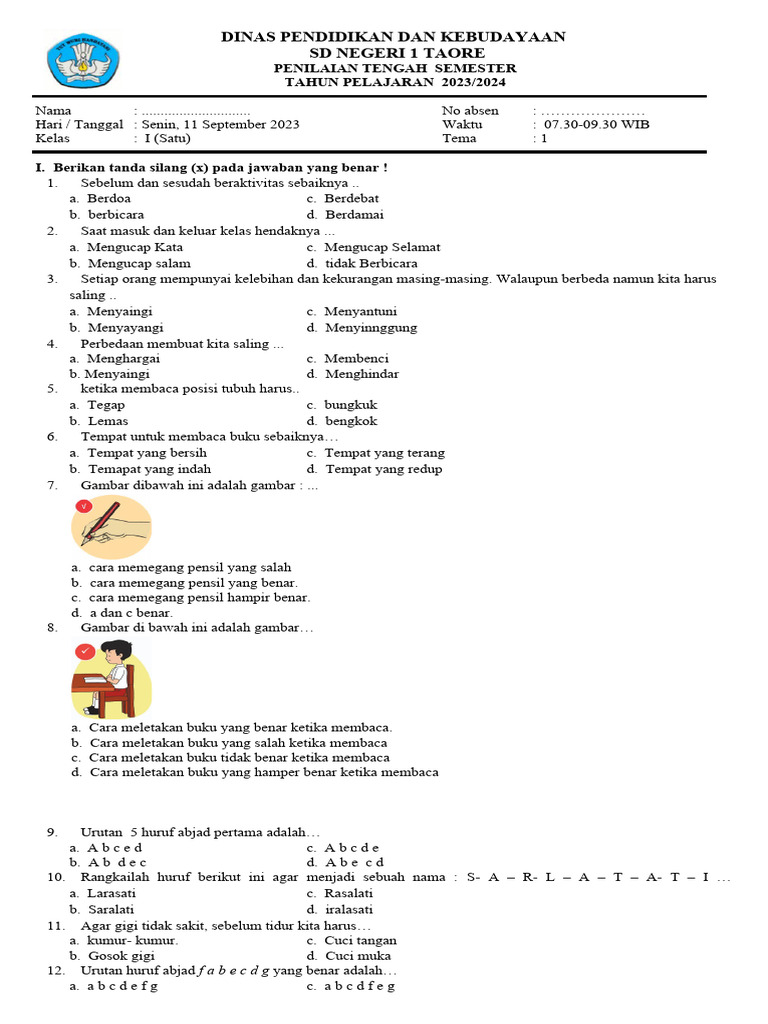 Soal Pas KLS 1 Tema 1 | PDF