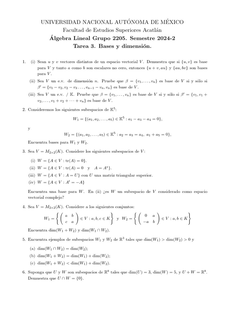 Algebra Lineal 2205 Sem2024-2 Tarea 03. Bases y Dimensión | PDF