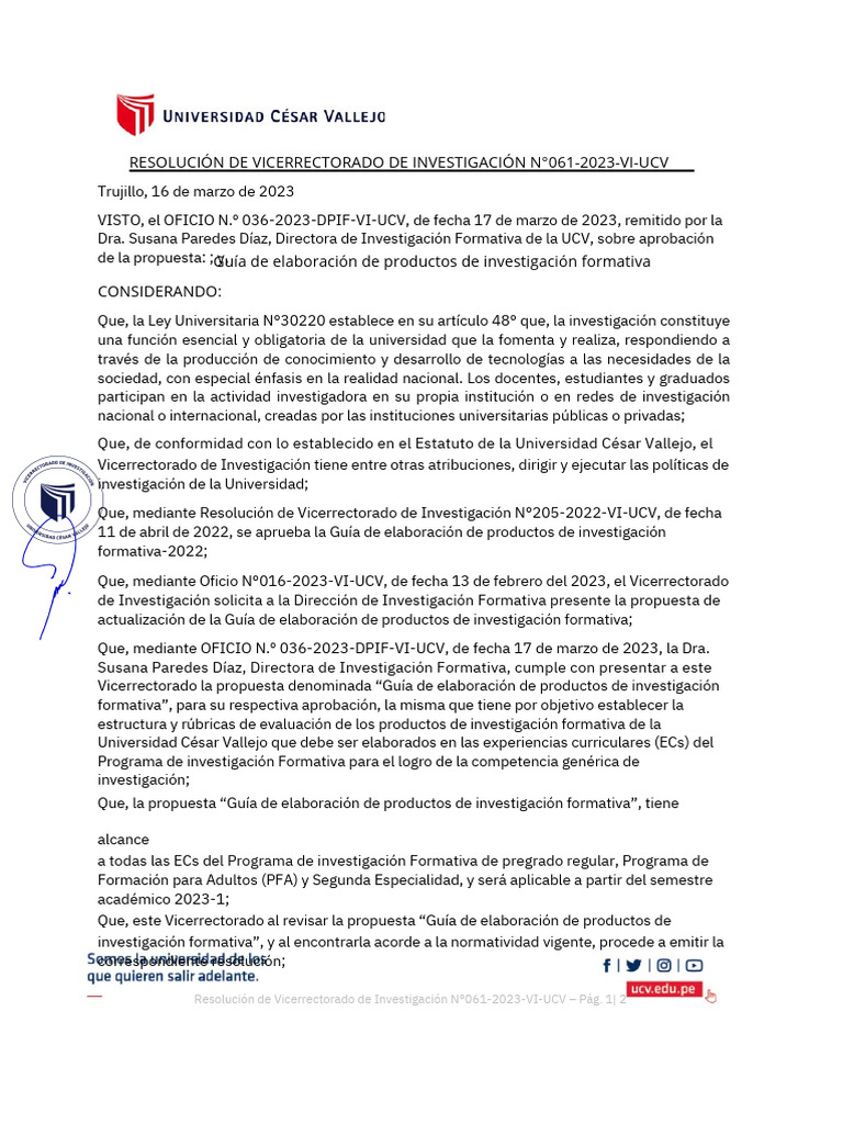 RVI N°061-2023-VI-UCV Aprueba Guía de Elaboración de Productos de ...