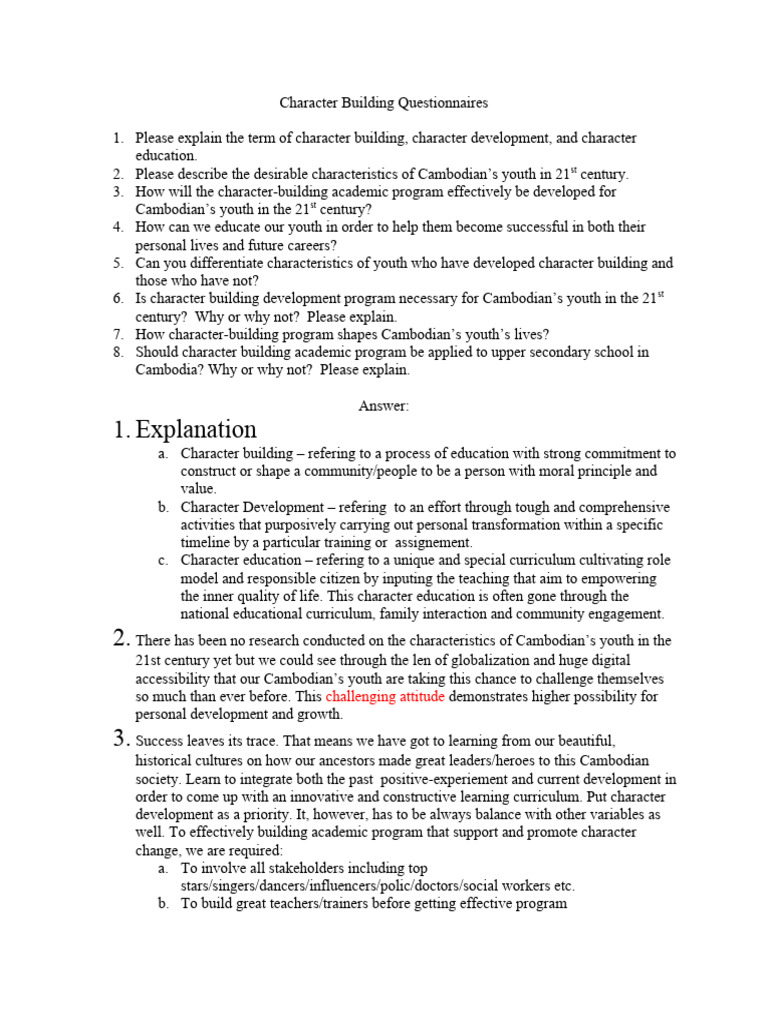 Character Building Questionnaires | PDF | Cambodia | Teachers