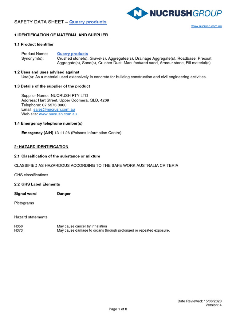 2306 Sds Quarry Materials Nucrush June 2023 Rev 4 | PDF | Occupational ...