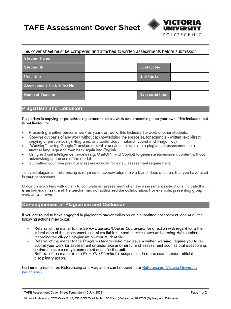 TAFE Assessment Cover Sheet Template | PDF | Plagiarism | Cognition