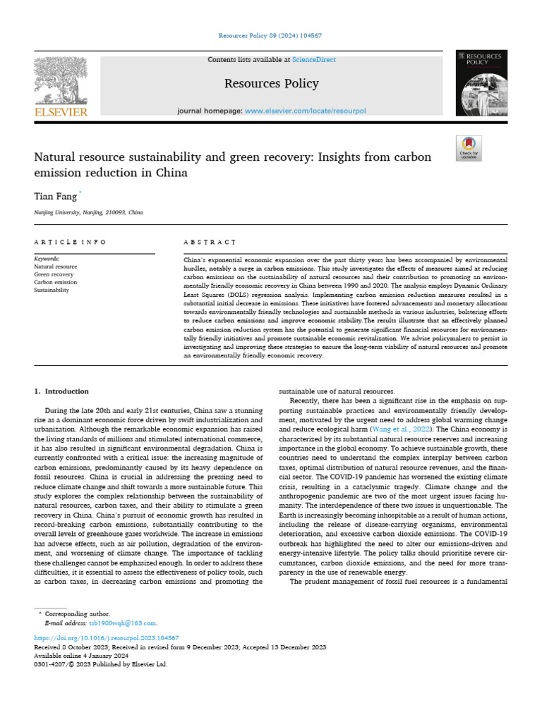 Resources Policy: Tian Fang | PDF | Sustainability | Sustainable ...