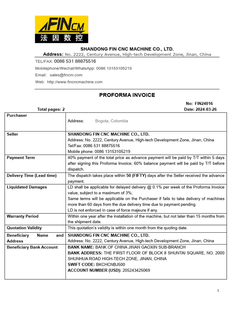 Proform Invoice of FIN CNC Angle Machine APM1616 | PDF | Payments