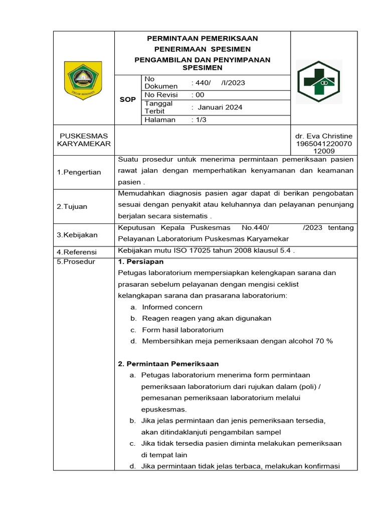 Sop Permintaan Pemeriksaan Penerimaan Spesimen Pengambilan Dan Penyimpanan Spesimen 1 | PDF