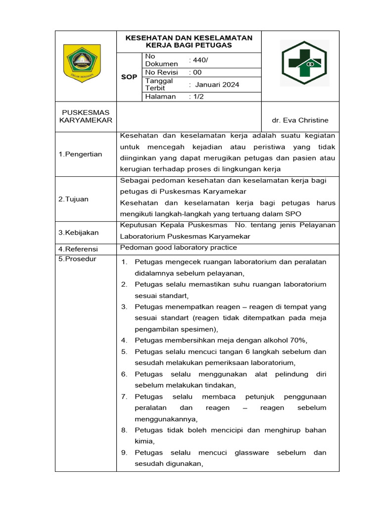 Sop Kesehatan Dan Keselamatan Kerja Bagi Petugas Lab 1 | PDF